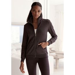 Sweatjacke BENCH. LOUNGEWEAR, Damen, Gr. 32/34, grau (anthrazit meliert), Interlock, Obermaterial: 54% Baumwolle, 46% Polyester, bestickt, meliert, unifarben, Basic hüftlang, Rippbündchen, Sweatjacken, mit glänzender Logostickerei am Stehkragen, Loungewear