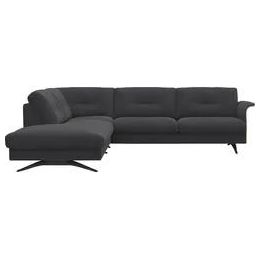 Ecksofa FLEXLUX "Glow bequem und komfortabel durch hochwertigen Sitzaufbau, L-Form" Sofas Gr. B/H/T: 268cm x 81cm x 224cm, Lederoptik, Ottomane rechts, Armlehnen in Walnuss, schwarz (gorilla black) Skandinavisches Design, In hochwertiger Verarbeitung