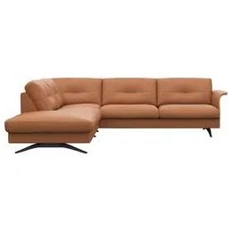 Ecksofa FLEXLUX "Glow bequem und komfortabel durch hochwertigen Sitzaufbau, L-Form" Sofas Gr. B/H/T: 268cm x 81cm x 224cm, Echtleder, Ottomane rechts, Armlehnen in Walnuss, braun (modern cognac brown) Skandinavisches Design, In hochwertiger Verarbeitung