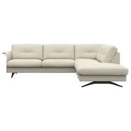 Ecksofa FLEXLUX "Glow bequem und komfortabel durch hochwertigen Sitzaufbau, L-Form" Sofas Gr. B/H/T: 268cm x 81cm x 224cm, Echtleder, Ottomane links, Armlehnen in Walnuss, weiß (warm weiß) Skandinavisches Design, In hochwertiger Verarbeitung