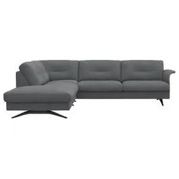 Ecksofa FLEXLUX "Glow bequem und komfortabel durch hochwertigen Sitzaufbau, L-Form" Sofas Gr. B/H/T: 268cm x 81cm x 224cm, Lederoptik, Ottomane rechts, Armlehnen in Walnuss, grau (elephant grau) Skandinavisches Design, In hochwertiger Verarbeitung