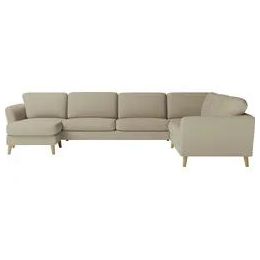 Wohnlandschaft Home Affaire "MARSEILLE XXL 349cm, U-Form, Ottomane rechts/links wählbar" Sofas Gr. B/H/T: 349cm x 88cm x 242cm, Flachgewebe, Ottomane links, braun (cappuccino) Massivholzbeine aus Eiche, In verschieden Bezügen und Farbvarianten