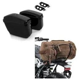 Set: Seitenkoffer passend für Kawasaki Vulcan 15-24 m. Halter Satteltasche Nevada + Hecktasche Vintage 25L Canvas Rucksack Gepäckrolle braun