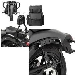 Set: Sissybar Set passend für Kawasaki Vulcan S 15-24 mit Sturzbügel und Sissybartasche Craftride RH13-1 + Satteltaschenhalter passend für Kawasaki Vulcan S / Café 15-24 links Satteltaschen Abstandshalter Craftride