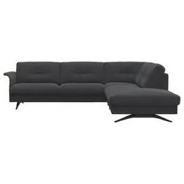 Ecksofa FLEXLUX "Glow bequem und komfortabel durch hochwertigen Sitzaufbau, L-Form" Sofas Gr. B/H/T: 268cm x 81cm x 224cm, Lederoptik, Ottomane links, Armlehnen in Walnuss, grau (shark grau) Skandinavisches Design, In hochwertiger Verarbeitung