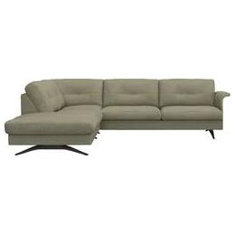 Ecksofa FLEXLUX "Glow bequem und komfortabel durch hochwertigen Sitzaufbau, L-Form" Sofas Gr. B/H/T: 268cm x 81cm x 224cm, Bouclé, Ottomane rechts, Armlehnen in Walnuss, grün (fall grün) Skandinavisches Design, In hochwertiger Verarbeitung