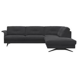 Ecksofa FLEXLUX "Glow bequem und komfortabel durch hochwertigen Sitzaufbau, L-Form" Sofas Gr. B/H/T: 268cm x 81cm x 224cm, Lederoptik, Ottomane links, Armlehnen in Walnuss, schwarz (gorilla black) Skandinavisches Design, In hochwertiger Verarbeitung