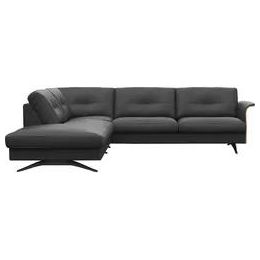 Ecksofa FLEXLUX "Glow bequem und komfortabel durch hochwertigen Sitzaufbau, L-Form" Sofas Gr. B/H/T: 268cm x 81cm x 224cm, Echtleder, Ottomane rechts, Armlehnen in Walnuss, schwarz (deep black) Skandinavisches Design, In hochwertiger Verarbeitung