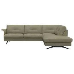 Ecksofa FLEXLUX "Glow bequem und komfortabel durch hochwertigen Sitzaufbau, L-Form" Sofas Gr. B/H/T: 268cm x 81cm x 224cm, Bouclé, Ottomane links, Armlehnen in Walnuss, grün (fall grün) Skandinavisches Design, In hochwertiger Verarbeitung