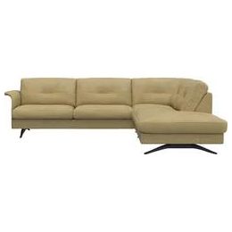 Ecksofa FLEXLUX "Glow bequem und komfortabel durch hochwertigen Sitzaufbau, L-Form" Sofas Gr. B/H/T: 268cm x 81cm x 224cm, Bouclé, Ottomane links, Armlehnen in Walnuss, gelb (mustard gelb) Skandinavisches Design, In hochwertiger Verarbeitung