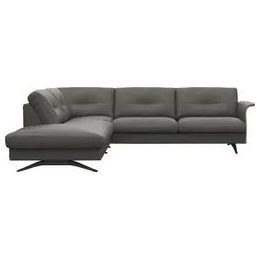 Ecksofa FLEXLUX "Glow bequem und komfortabel durch hochwertigen Sitzaufbau, L-Form" Sofas Gr. B/H/T: 268cm x 81cm x 224cm, Echtleder, Ottomane rechts, Armlehnen in Walnuss, grau (warm mineral grau) Skandinavisches Design, In hochwertiger Verarbeitung