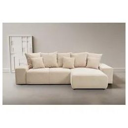 Ecksofa Inosign "Riwa" Sofas Gr. B/H/T: 300cm x 76cm x 150cm, Cord, Ottomane rechts, Ottomane rechts, beige (natur) Trendiges Ecksofa mit vielen Kissen, Schlaffunktion & Bettkasten