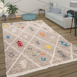 Paco Home - Hochflor Teppich Shaggy Wohnzimmer Skandi Rauten Muster Braun Rot Blau Gelb 60x100 cm