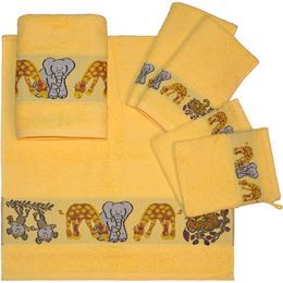 Handtuch Set Dyckhoff "Affe" Handtücher (Packung) Gr. B/L: 50cm x 100cm, 6 St., Affen-Giraffen-Elefant, 2 Handtücher + 2 Waschenhandschuhe + 2 Gästetücher, gelb mit Tierbordüre; 2 Handtücher (50x100cm), 1 Duschtuch (70x140cm)