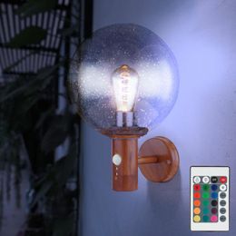 Globo Außenleuchte Wandleuchte mit Bewegungsmelder Gartenleuchte Edelstahl, Fernbedienung dimmbar, Glaskugel Holzoptik, 1x rgb led 8,5W 806Lm, DxH 25x37 cm