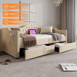 Polsterbett Daybett Schlafsofa Stauraumbetten Bettgestell mit USB Type C Ladefunktion und 2 Schubladen 90x200cm Samt in Beige Samt(Ohne Matratze)