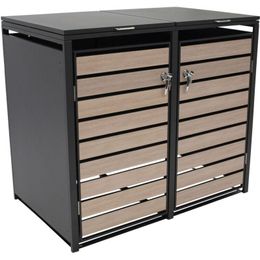 DEGAMO Mülltonnenbox 132x80x116cm für 2x Tonnen 120 und 240 Liter, Stahl anthrazit mit Türen Holzoptik