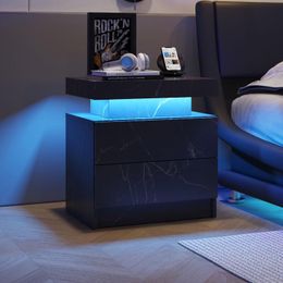 LED-Nachttisch mit moderner Akzentbeleuchtung und 2 Schubladen für Schlafzimmer (Schwarz und Gold)