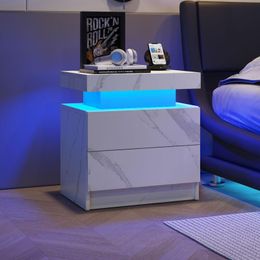 LED-Nachttisch mit moderner Akzentbeleuchtung und 2 Schubladen für Schlafzimmer (weißer Stein)