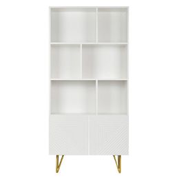 Miliboo - Design-Bücherregal graviert matt weiß und goldfarbenes Metall 2 Türen B86 cm ozen