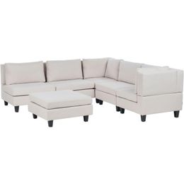 Beliani 5-Sitzer Ecksofa Linksseitig Hellbeige Stoffbezug mit Ottomane Kissen Schwarze Beine Modular Modern Modulsofa Wohnlandschaft Wohnzimmer