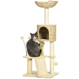 PawHut - Katzen Kratzbaum 116 cm Katzenbaum mit Katzenhöhle, Katzenbett, Indoor Kletterturm mit Spielball, Kratzbrett, Plüsch Kratzmöbel für Katzen