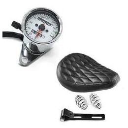 Set: Bobber Schwingsattel Diamond Contoured mit Federn passend für Custombikes in + Tachometer Universal CMS Tacho chrom