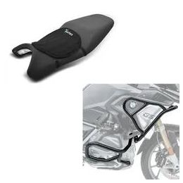 Set: Sturzbügel Set passend für BMW R 1250 GS 19-23 oben und unten XL6 Schutzbügel + Gel Sitzkissen Neopren M Gelkissen Sitzauflage in schwarz