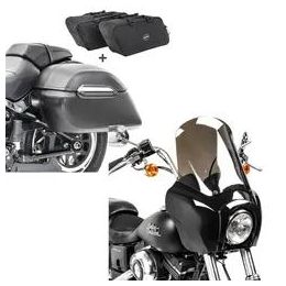 Set: Set Seitenkoffer + Innentaschen passend für Chopper / Custombikes Low Rider/ S Craftride K3 + Lampenmaske MG5 passend für Harley Davidson Dyna Low Rider / S 99-17 Lampen Verkleidung schwarz-rauchgrau Craftride