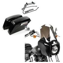 Set: Seitenkoffer Set passend für Harley Davidson Dyna Low Rider 08-17 DY1 Craftride + Lampenmaske MG5 passend für Harley Davidson Dyna Low Rider / S 99-17 Lampen Verkleidung schwarz-rauchgrau Craftride