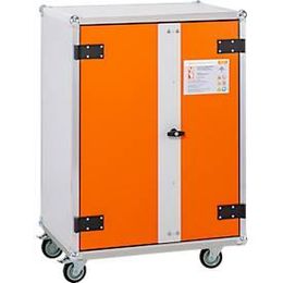 CEMO Akku-Ladeschrank Premium 8/10, 1-phasig, LockEX Türverriegelung, strombetriebener Rauchmelder, akustischer Alarm, belüftet, auf Rollen, B 890 x T 660 x H 1150 mm, lichtgrau/reinorange