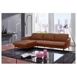 Ecksofa W.Schillig "softy" Sofas Gr. B/H/T: 265cm x 79cm x 168cm, Chenille-Flachgewebe R66, Recamiere links, braun (copper r66) mit dekorativer Heftung im Sitz, Füße schwarz pulverbeschichtet