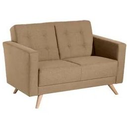 2-Sitzer Max Winzer "Julius zeitlos, elegant im skandinavischen Stil, mit hohem Sitzkomfort" Sofas Gr. B/H/T: 128cm x 81cm x 83cm, Strukturwebstoff 16523, beige (sand) mit Knopfheftung, Retro, schmale Armlehnen, Breite 128 cm