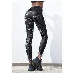 Leggings Lascana ACTIVE "Black Marble" Gr. 44/46, N-Gr, weiß (schwarz, marmoriert, weiß), Damen, Obermaterial: 85% Polyester, 15% Elasthan. Einsatz: 90% Polyamid, 10% Elasthan, gemustert, Mesh, Hosen, Sporthose mit Mesh