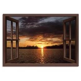 Leinwandbild Artland "Sonnenuntergang am See, braunes Fenster", braun, B:130cm H:90cm, Canvas, Leinwand, Bilder, auf Keilrahmen gespannt