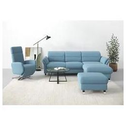 Sit & More Ecksofa SIT & MORE "Grenoble L-Form mit Federkern" Sofas Gr. B/H/T: 251cm x 85cm x 161cm, Struktur weich, Recamiere rechts, mit Bettfunktion-mit Stauraum-mit Armteilverstellung-mit Kopfteilverstellung, blau (hellblau) wahlweise mit Bettfunktion, Bettkasten, Arm- und Kopfteilverstellung