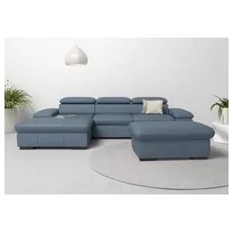 Ecksofa Home Affaire "Alberto L-Form" Sofas Gr. B/H/T: 286cm x 73cm x 174cm, Material, Recamiere links, ohne Bettfunktion, blau (graublau) mit Kopfteilverstellung, wahlweise Bettfunktion