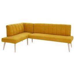 Eckbank exxpo - SOFA FASHION "Costa, moderne Rückensteppung, bequem und elegant, hoher Holzfuß" Sitzbänke Gr. B/H/T: 157cm x 92cm x 245cm, Struktur, Ottomane links, langer Schenkel rechts, gelb (mustard) hochwertig verarbeitet, Frei im Raum stellbar