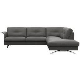 Ecksofa FLEXLUX "Glow, super bequem durch hochwertigem Sitzaufbau mit Federkern, L-Form" Sofas Gr. B/H/T: 268cm x 81cm x 224cm, Echtleder, Ottomane links, Armlehnen in geölter Eiche, grau (warm mineral grau) Skandinavisches Design, In hochwertiger Verarbeitung