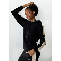 Hoodie s.Oliver, Damen, Gr. 36/38, schwarz (schwarz, beige), Sweatware, Obermaterial: 95% Baumwolle, 5% Elasthan, unifarben mit Farbeinsatz, lässig geschnitten normal, Rundhals, Bündchen, Sweatshirts, mit Kontrast Einsätzen, Loungewear