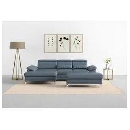 Sit & More Ecksofa SIT & MORE "Cabrio L-Form, mit Sitztiefenverstellung, Arm- und Kopfteilverstellung" Sofas Gr. B/H/T: 295cm x 87cm x 180cm, NaturLEDER, Recamiere links, ohne Bettfunktion-ohne Bettkasten, blau (graublau) 2 Nierenkissen, Federkern, optional Bettfunktion und Stauraum