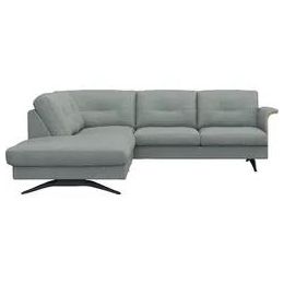 Ecksofa FLEXLUX "Glow, super bequem durch hochwertigem Sitzaufbau mit Federkern, L-Form" Sofas Gr. B/H/T: 236cm x 81cm x 224cm, Bouclé, Ottomane links, Armlehnen in Walnuss, blau (sky blau) Modernes skandinavisches Design