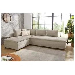 Jockenhöfer Ecksofa JOCKENHÖFER GRUPPE "Madrid L-Form, drehbares Dauerschlafsofa, Federkern" Sofas Gr. B/T: 306cm x 106cm, Cord, Ottomane beidseitig montierbar, grau (grau, beige) integrierter Kaltschaum-Topper, Regalelement, linksrechts montierbar