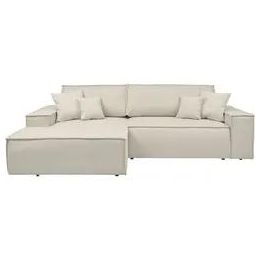 Ecksofa Andas "Finnley Schlafsofa 267 cm in Bouclé, Struktur fein u. Cord, L-Form" Sofas Gr. B/H/T: 267cm x 85cm x 167cm, Struktur fein, Recamiere links, beige (creme) Schlaffunktion m. Bettkasten (136210 cm), Bouclé, Struktur und Cord