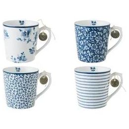 Becher LAURA ASHLEY BLUEPRINT COLLECTABLES "Designs China Rose, Sweet Allysum, Floris, Candy Stripe" Trinkgefäße Gr. Ø 8,8cm x 8,9cm, 320 ml, 4 tlg., blau (bleu, weiß) 4-teilig