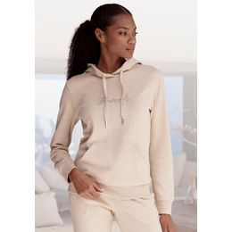 Damen Kapuzensweatshirt, BENCH. LOUNGEWEAR, Gr. 32, beige, Interlock, Obermaterial: 55% Baumwolle, 45% Polyester, bestickt, meliert, unifarben,