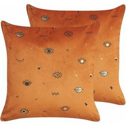 Beliani Dekokissen 2er Set Orange Samtstoffbezug mit Polyester-Füllung 45x45 cm Mystische Augen Lippen Muster Accessories Wohn- u. Schlafzimmer Flur