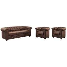 Couchgarnitur 3+1+1 - Microfaser - Vintage-Look - chesterfield