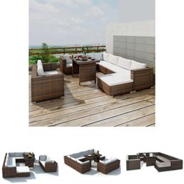 10-tlg. Garten-Lounge-Set mit Auflagen Poly Rattan Braun - Gartenmöbel-Sets - Braun - The Living Store