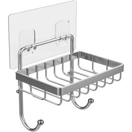 Klebriger Schwammhalter, Duschseifenschale mit 2 Haken, Badezimmer, wc, Küchenwand, Edelstahl ohne Bohren, nicht perforierte Seifenschale, nagelfreie